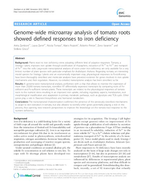 Pdf Genome Wide Microarray Analysis Of Tomato Roots Showed Defined Responses To Iron Deficiency