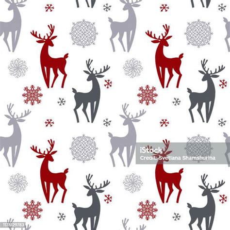 화려한 사슴과 눈송이의 실루엣과 아름다운 간단한 크리스마스 원활한 패턴 당신의 디자인에 대한 놀라운 겨울 휴가 벽지 벡터 플랫 일러스트레이션 가공의 인물에 대한 스톡 벡터