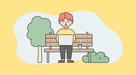프리랜서 자영업 및 원격 근무 개념 실업가 원격 노동자 또는 프리랜서는 공원에서 벤치에 앉아 노트북에 노력하고 있습니다 만화 선형 윤곽선 평면 벡터 일러스트 개념에 대한