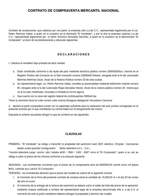 Contrato De Compraventa Mercantil Nacional Docx Gobierno Política
