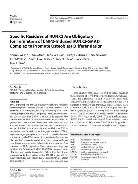 Pdf Specific Residues Of Runx2 Are Obligatory For Formation Of Bmp2 Induced Runx2 Smad Complex