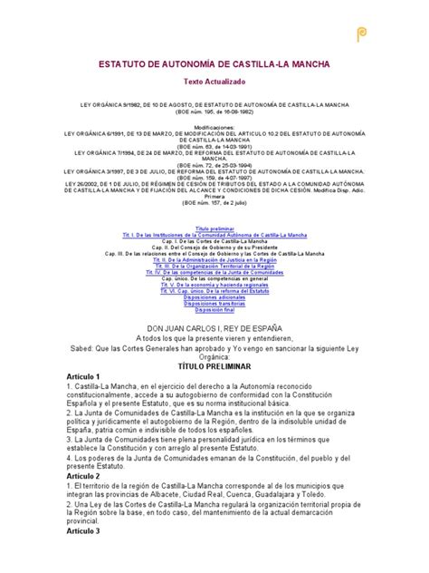 Estatuto De Autonomía De Castilla La Mancha Pdf Estado Política