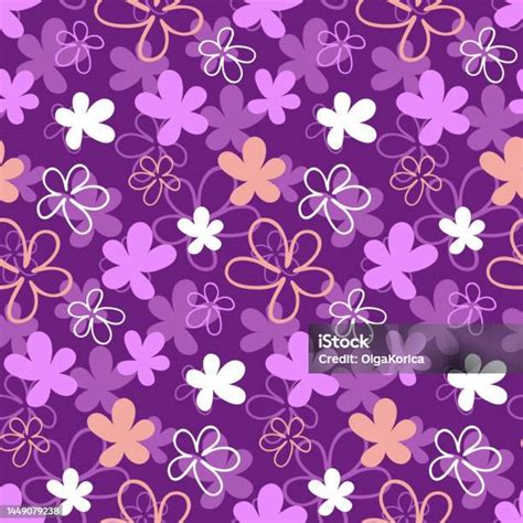 보라색 라일락 배경에 귀여운 매끄러운 패턴 꽃 심장 잎 파스텔 색상 섬유 및 포장지에 대 한 그림 0명에 대한 스톡 벡터 아트 및 기타 이미지 Istock