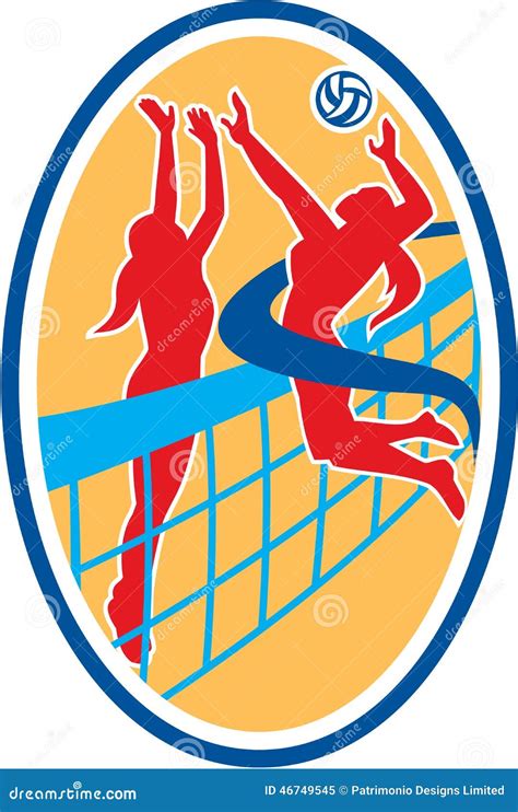 Volleyball Player Spiking Ball Blocking Oval Stock Illustration Illustration Of Retro Jump