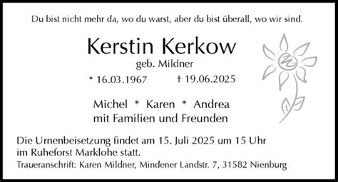 Traueranzeigen Von Kerstin Kerkow Trauer Anzeigen De