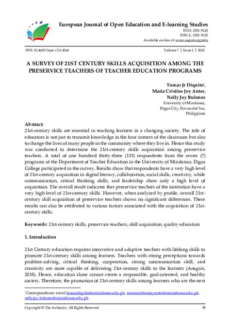 Pdf A Survey Of 21st Century Skills Acquisition Among The Preservice Teachers Of Teacher