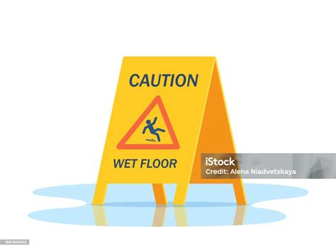 엎질러진 물의 한가운데에 젖은 바닥 경고 벡터 표시 노란 삼각형 와 떨어지는 남자 와 현대 평면 작풍 스타일 벡터 일러스트 레이 션입니다 미끄러짐 주의 표지판에 대한 스톡