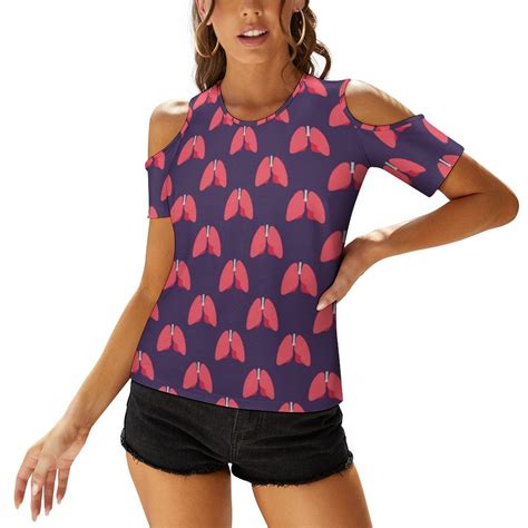 Human Lungs Pattern Women Short Sleeve Tops O Neck Hollow Out Shoulder