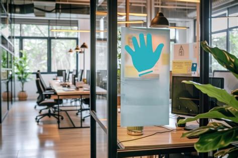 Safety First Sanitize Hands Sign On Glass In In Empty Modern Office Safety First Sanitize Hands