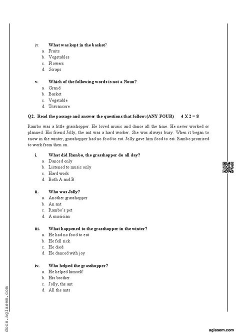 Class 6 English Mid Term Sample Paper 2024 Download Pt1 Term 1 Practice Paper Aglasem