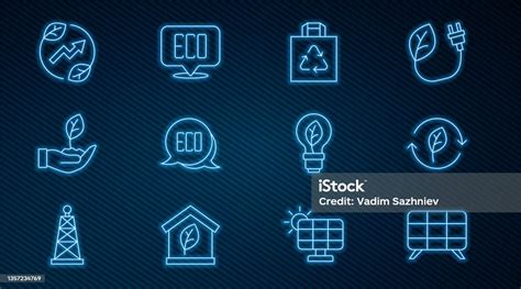 세트 라인 태양 에너지 패널 잎으로 기호를 재활용 쇼핑 가방 재활용 잎 에코 식물 손 전기 절약 플러그 전구 및 아이콘 벡터