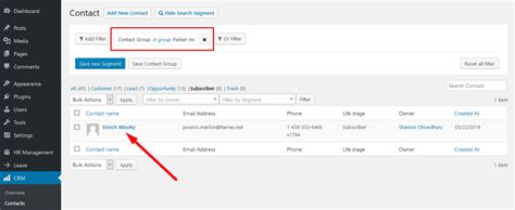 contact filtering and search segment