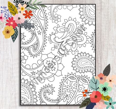 Printable Adult Coloring Page Paisley Pattern Stress Management Art Therapy Instant Pdf