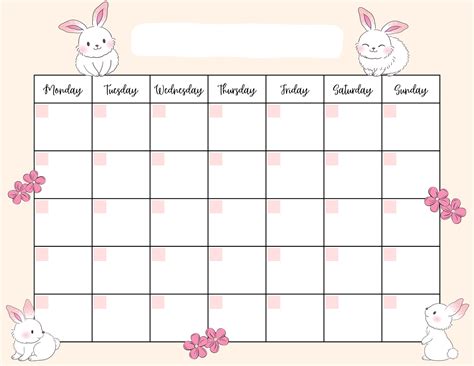 Cute Bunny Open Printable Calendar Digital Download Calendar Instant