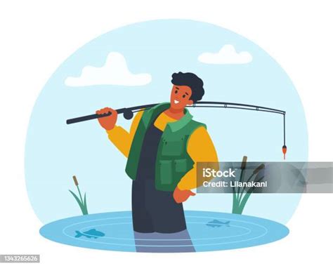 연못에 서 있는 어부가 낚싯대를 들고 있다 낚시꾼이 낚시 조끼를 입고 있다 물고기를 잡는 취미 연못에 대한 스톡 벡터 아트 및 기타 이미지 Istock