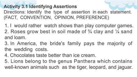 Activity 31 Identifying Assertions Directions Studyx