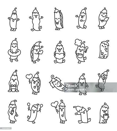 재미있는 얼굴을 가진 귀여운 완두콩 꼬투리 색칠 공부 페이지 사랑스러운 만화 야채 손 스타일 벡터 그리기 디자인 요소 모음 가공의 인물에 대한 스톡 벡터 아트 및 기타