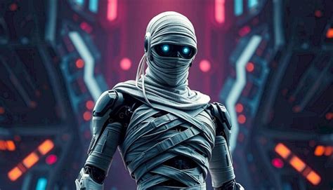 Robot 3d Mummy With Bandages Glowing Red Eyes Techno Line Background