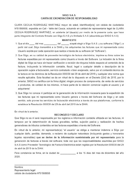 Siigo Carta De Exoneracion De Responsabilidad Facturacion Electronica