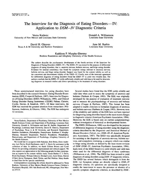 Pdf The Interview For The Diagnosis Of Eating Disorders—iv