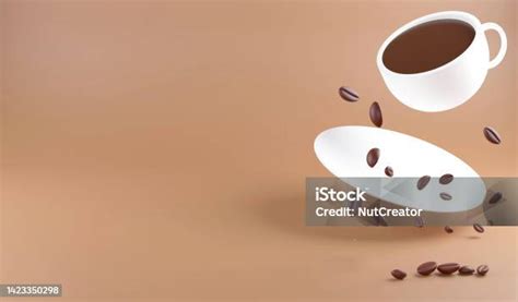 갈색 배경에 복사 공간을위한 커피 컵과 커피 원두의 떨어지는 3d 렌더링 3d 일러스트 커피 개념 0명에 대한 스톡 사진 및 기타 이미지 Istock