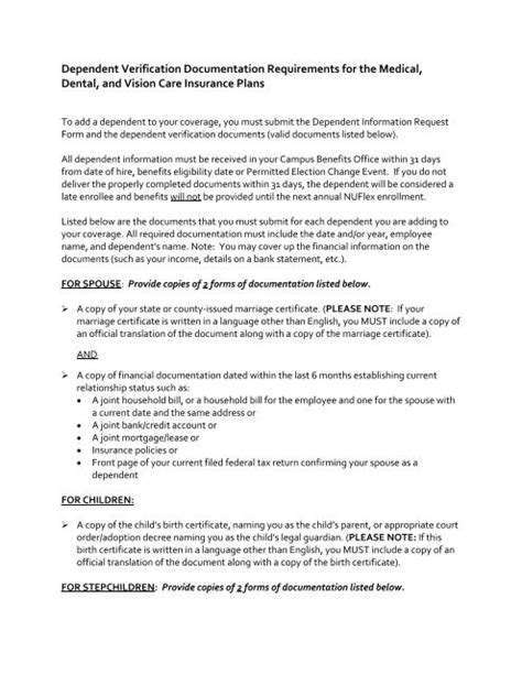 Dependent Verification Documentation Requirements