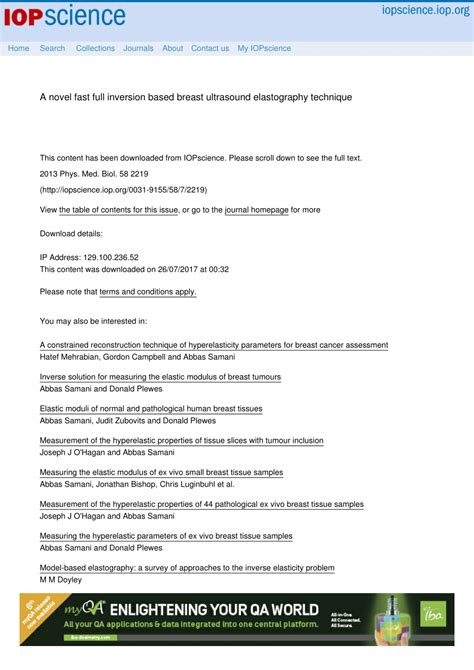 Pdf A Novel Fast Full Inversion Based Breast Ultrasound Elastography Technique