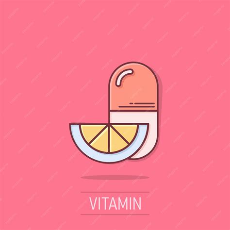 만화 스타일의 비타민 알약 아이콘 카 만화 터 일러스트레이션 고립 된 배경 항생제 스플래시 효과 상표 비즈니스 개념 프리미엄 벡터