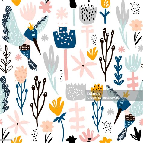 원활한 Colibri와 꽃 패턴입니다 크리에이 티브 식물 높이 자세한 배경 아이 들 의류 직물 섬유 보육 장식 포장지에 대 한 완벽 한 벡터 일러스트 레이 션 벌새에 대한