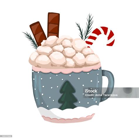 핫 초콜릿 크림 마시멜로를 곁들인 세라믹 컵 계피 스틱과 계피 겨울 카푸치노 귀여운 컵에 라떼 12월에 대한 스톡 벡터 아트 및