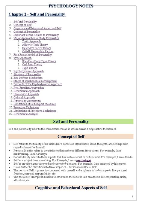 Self And Personality Notes Self And Personality O Concept Of Self 1 Self As Subject And Object