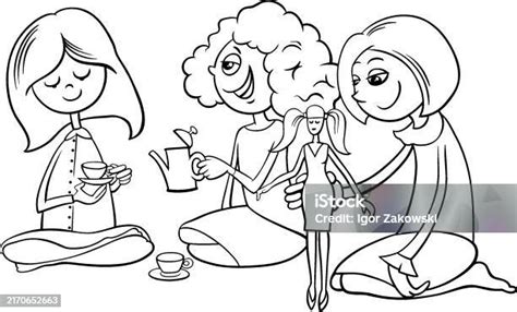 장난감 소꿉놀이 색칠 공부 페이지를 가진 귀여운 만화 소녀 귀여운에 대한 스톡 벡터 아트 및 기타 이미지 귀여운 놀기 놀이 Istock