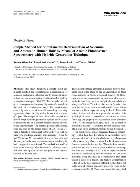 Pdf Simple Method For Simultaneous Determination Of Selenium And Arsenic In Human Hair By