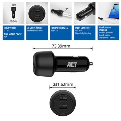 Stroomvoorziening ACT Autolader 2 Poorts USB C Fast Charge 45W Met Power Delivery IT Nerd