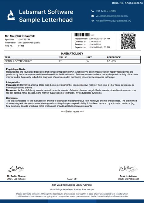 Reticulocyte Count Report Format MS Word Pdf