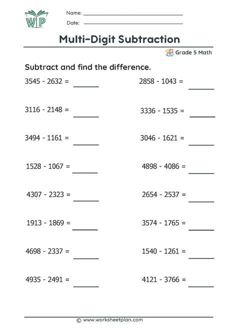Multi Digit Subtraction Worksheet Plan