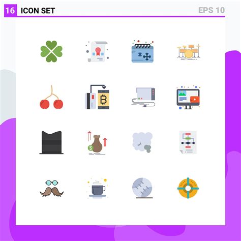 Mobile Interface Flat Color Set Of 16 Pictograms Of Berry Kit Calendar Instrument Drum Editable