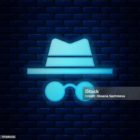 벽돌 벽 배경에 고립 된 빛나는 네온 시크릿 모드 아이콘 벡터 형사에 대한 스톡 벡터 아트 및 기타 이미지 형사 로고 벽돌 담 Istock