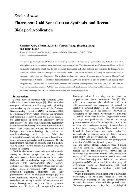 Pdf Fluorescent Gold Nanoclusters Synthesis And Recent Biological Application