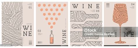 현대 라인 아트 잡지 표지 또는 포스터 와인 병 안경 및 추상적 인 질감 세트 레스토랑 메뉴 디자인 벡터 일러스트 레이 션 개체 그룹에 대한 스톡 벡터 아트 및 기타 이미지