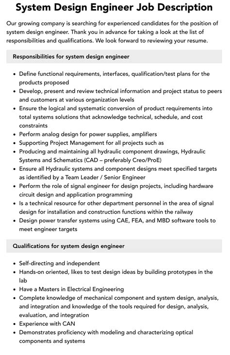 System Design Engineer Job Description Velvet Jobs