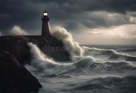 Large Waves Crash Over The Rocks In Front Of The Light House Stock Illustration Illustration