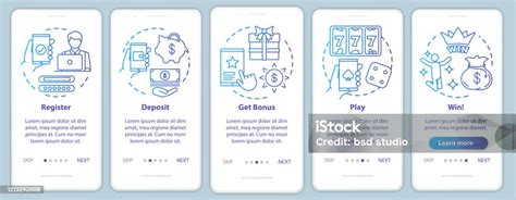 선형 개념으로 모바일 앱 페이지 화면을 온보딩하는 온라인 카지노 등록 입금 보너스를 받고 플레이하고 승리하십시오 연습 단계 그래픽 지침입니다 Ux Ui 그림이 있는 Gui