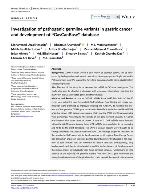 Pdf Investigation Of Pathogenic Germline Variants In Gastric Cancer