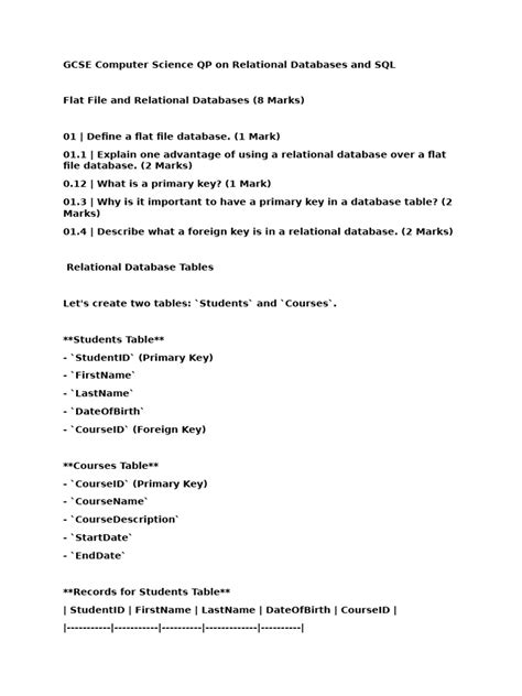 Gcse Computer Science Qp On Relational Databases And Sql Pdf Relational Model Databases