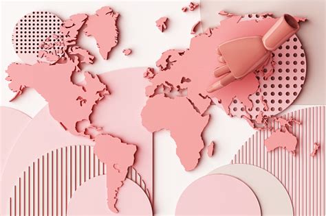 파스텔 핑크 톤의 기하학적 모양 플랫폼의 인간의 손 개념 추상적 인 구성과 세계지도 3d 렌더링 3차원 형태에 대한 스톡 사진 및 기타 이미지 Istock