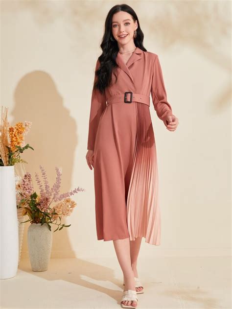 Shein Modely Two Tone Pleated Hem Buckled Belted Dress Shein Usa