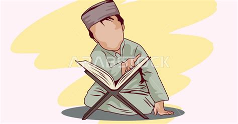 فيكتور توضيحي لطفل عربي خليجي مسلم يتعلم تلاوة القرآن الكريم في المسجد
