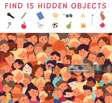숨겨진 개체입니다 항목을 검색하고 그림에서 요소를 찾습니다 아이 마음 놀이 논리 퍼즐 사람들의 군중 다른 다문화 지역 사회 괜찮은 벡터 배경 컷아웃에 대한 스톡 벡터 아트