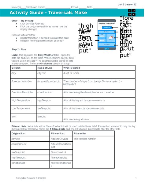 Activity Guide Traversals Make Unit 5 Lesson 12 Unit 5 Lesson 12